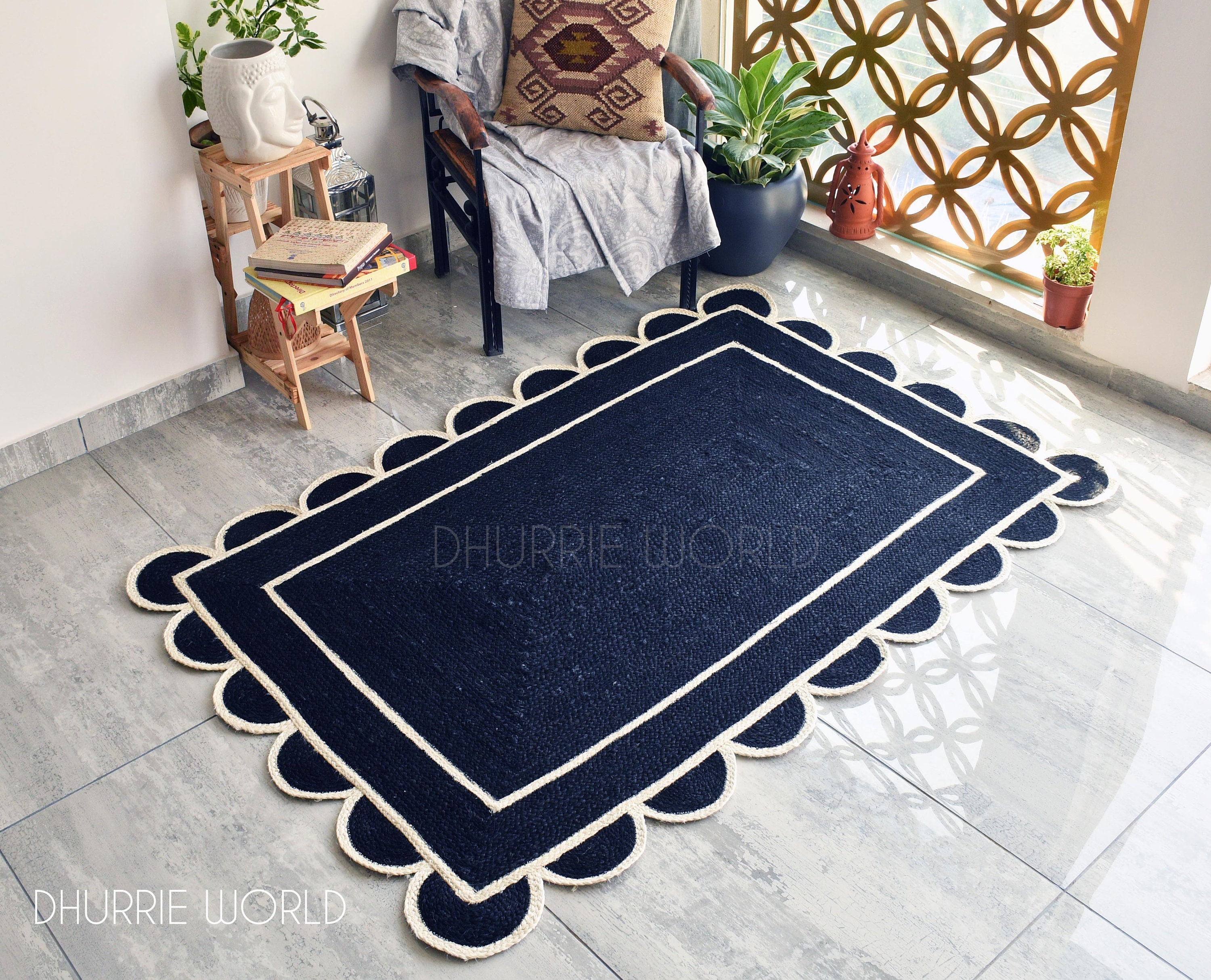 Black Jute Scallop Edge Rug Scallop Pattern Rug Natural Jute - Etsy