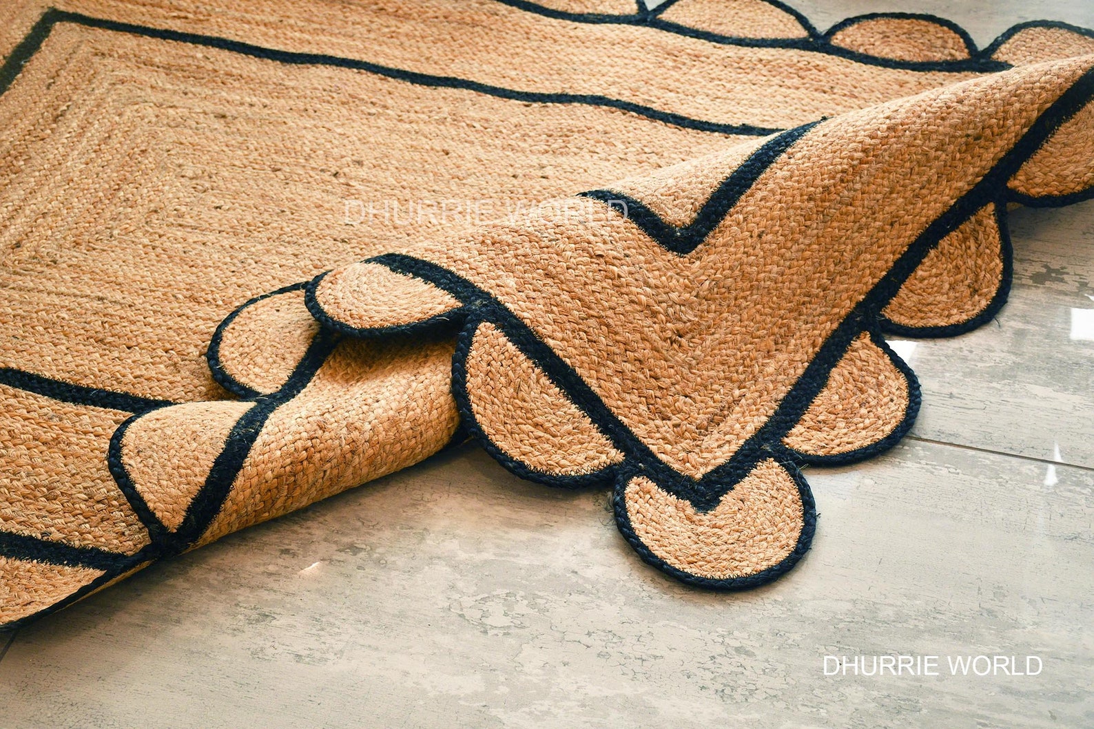 Black Jute Scalloped Rug, Boho Scallop Pattern Rug, Natural Jute Area ...