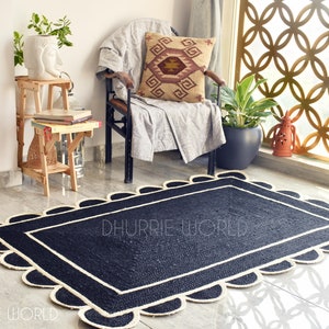 Black Jute Scallop Edge Rug, Scallop Pattern Rug, Natural Jute Rug ...