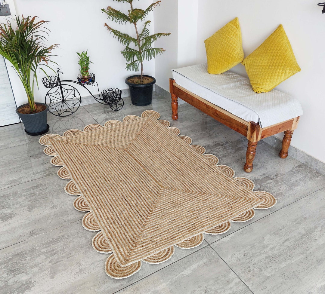 Scalloped Natural Jute Rug, Scallop Edge Bohemian Jute Rug, Custom Size ...