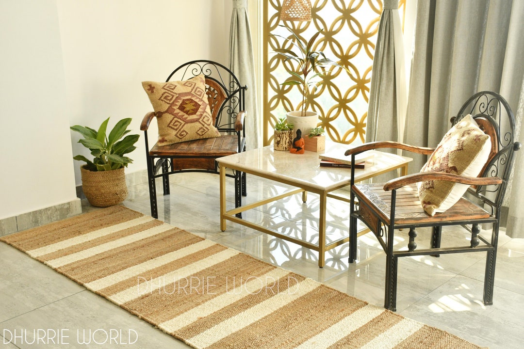 Natural Boho Jute Runner Rug, Stripe Area Rug, Bohemian Rug, Hemp Rug ...