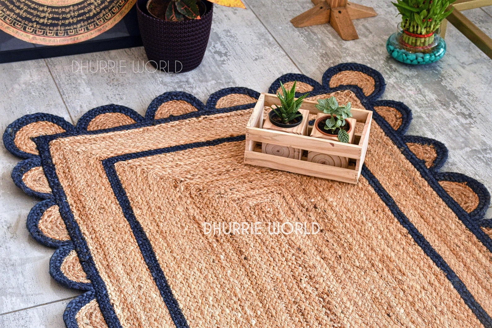 Navy Scalloped Jute Rug Scallop Edge Rug Christmas - Etsy