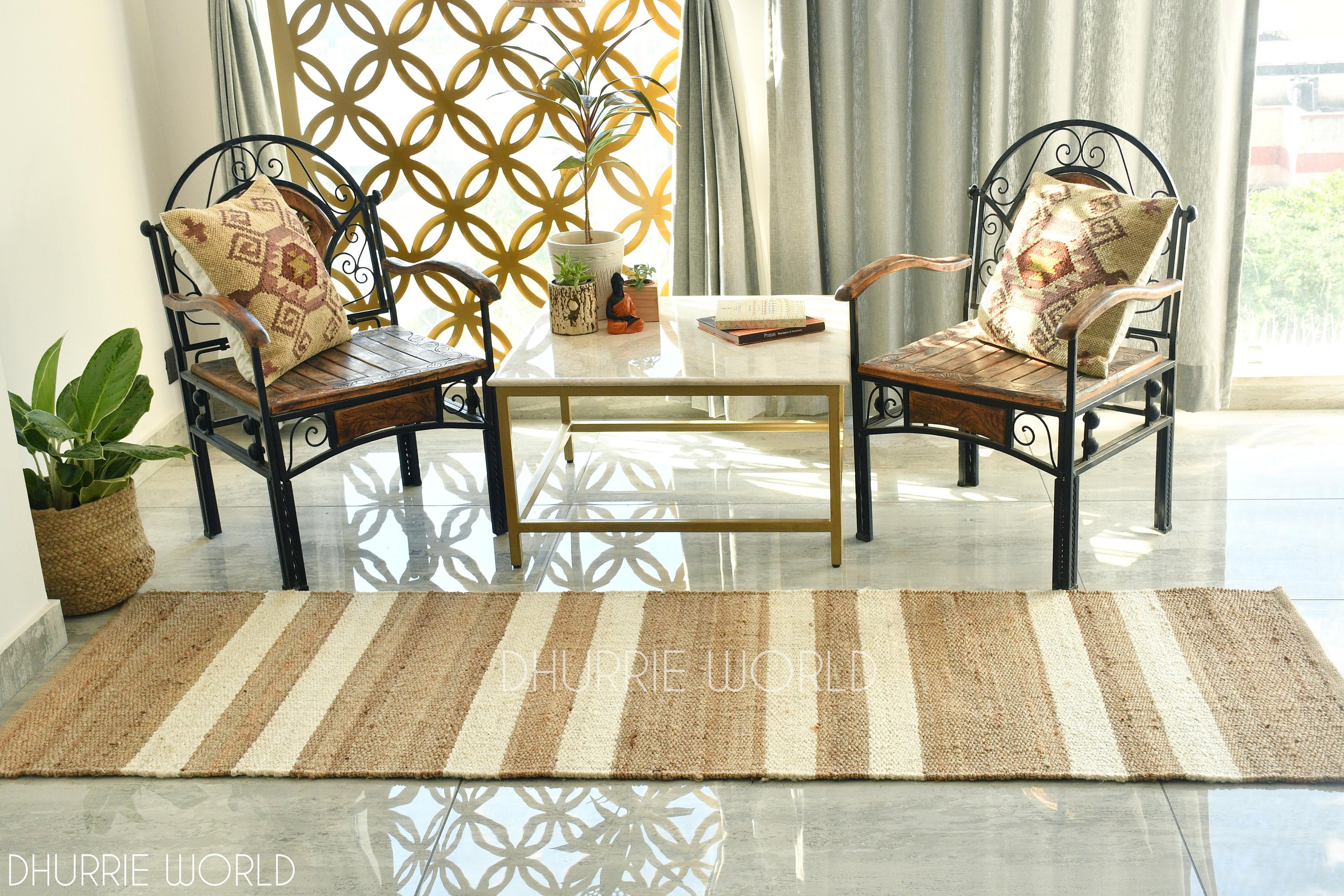 Natural Boho Jute Runner Rug, Stripe Area Rug, Bohemian Rug, Hemp Rug ...