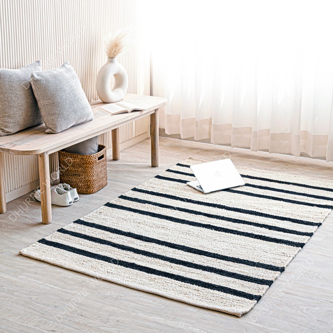 Black Striped Jute Rug, White Area Rug, Custom Size Rug, Boho Jute Rug ...
