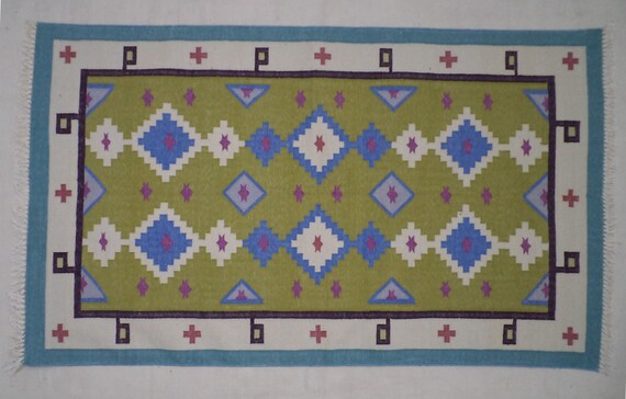 Green Cotton Dhurrie Rug 3x5 Southwestern Rug Ethnic Rug - Etsy