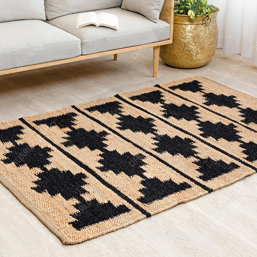 Checkered Natural Jute Rug, Boho Decor Rug, Jute Area Rug, Handwoven ...