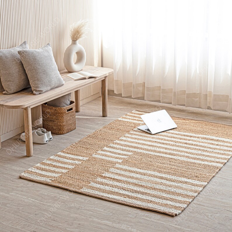 Striped Jute Rug, Natural Jute Area Rug, Custom Size Rug, Handwoven ...