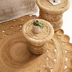 4x4, 5x5, 6x6, 7x7, 8x8 Floral Natural Jute Round Rug, Handmade Braided ...