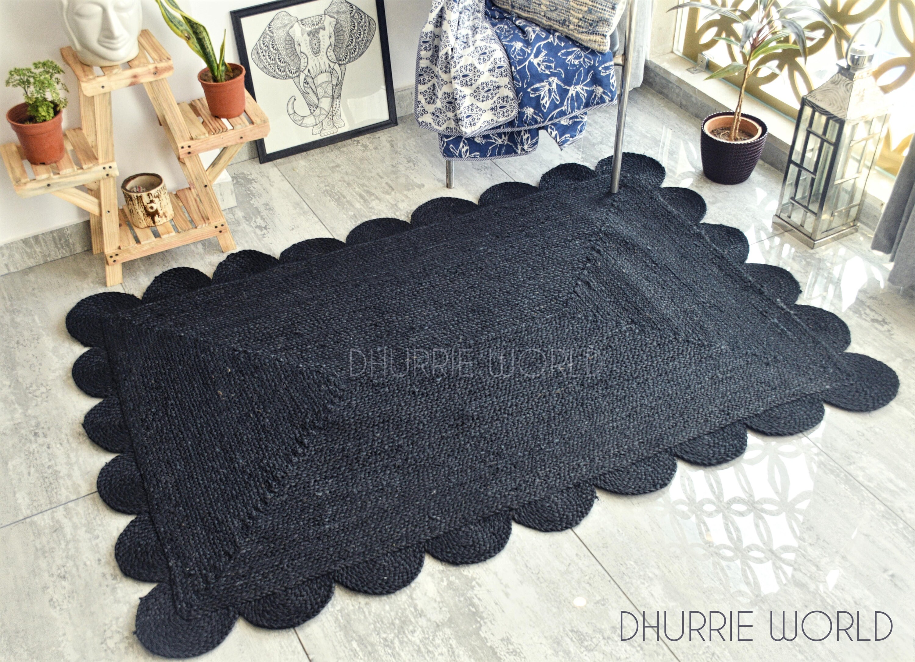 Black Jute Scalloped Rug Scallop Edge Rug Natural Jute Rug - Etsy