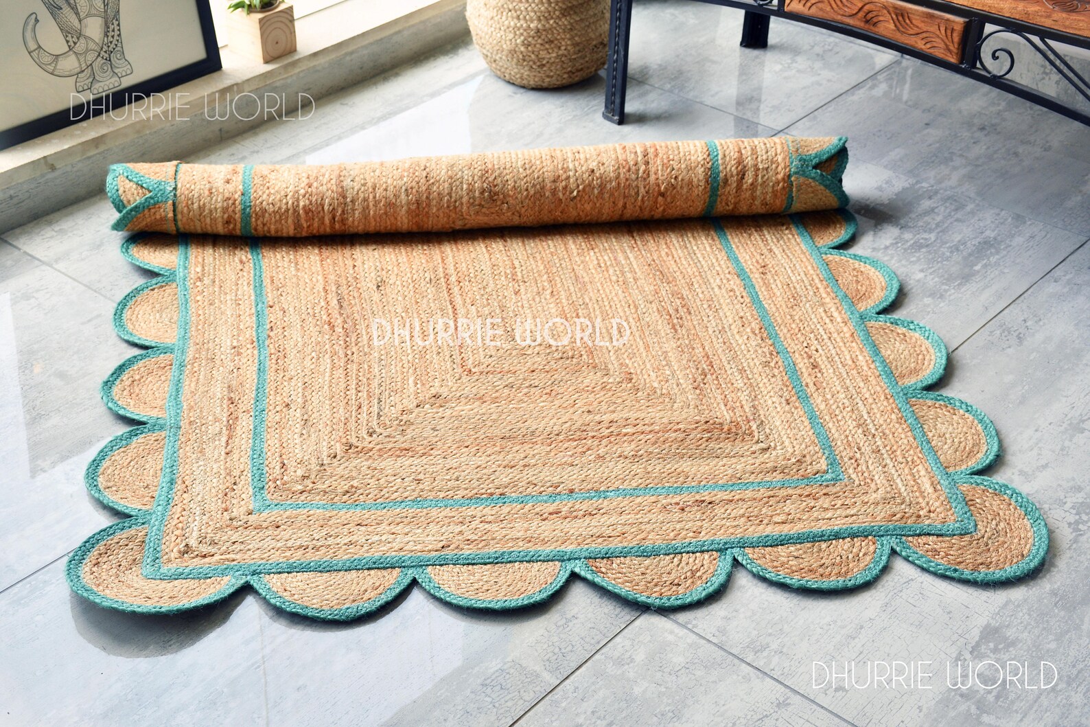 Scallop Edge Jute Rug, Scalloped Pattern Rug, Bohemian Area Rug ...