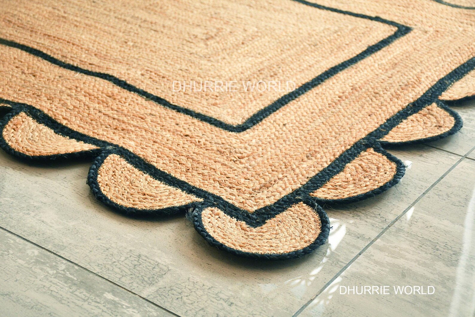 Black Jute Scalloped Rug, Boho Scallop Pattern Rug, Natural Jute Area ...