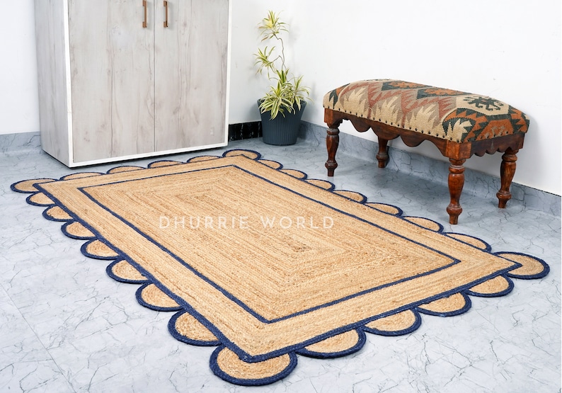 Scalloped Jute Rug Scallop Navy Jute Rug Natural Scalloped - Etsy