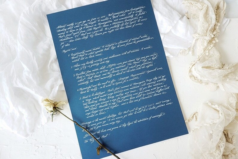 Stylish White on Indigo Blue Custom Calligraphy for Poems | Etsy UK