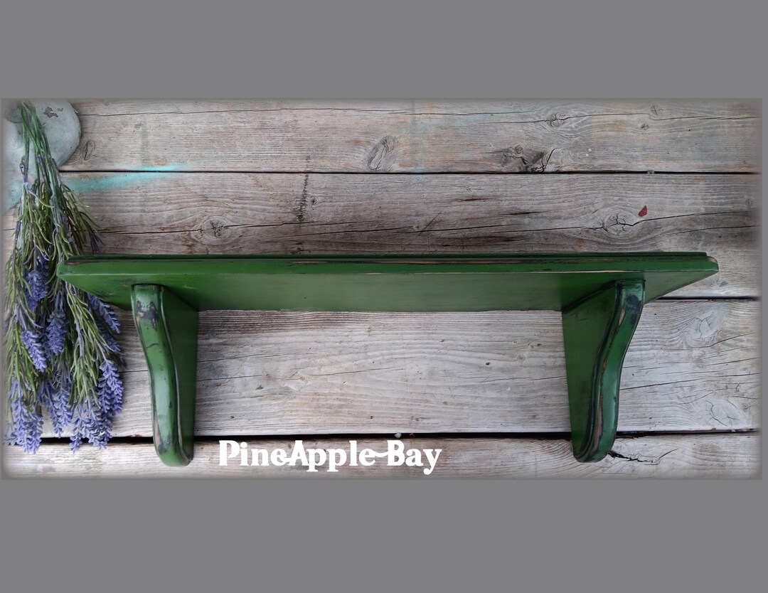 Vintage Wood Wall Shelf, Rustic Hand Painted Green 70s Wall Shelf, MCM ...