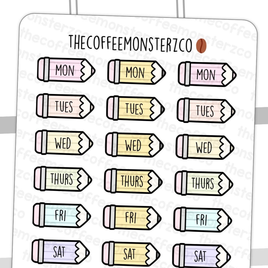 Mini Pencil Days of the Week Hand Drawn Planner Stickers and Bullet ...