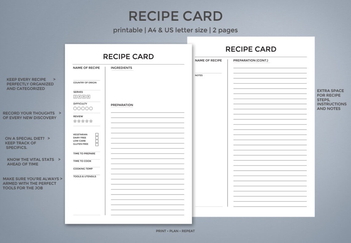 Recipe Cards | Printable Recipe Card Template Recipe Sheet Printable ...