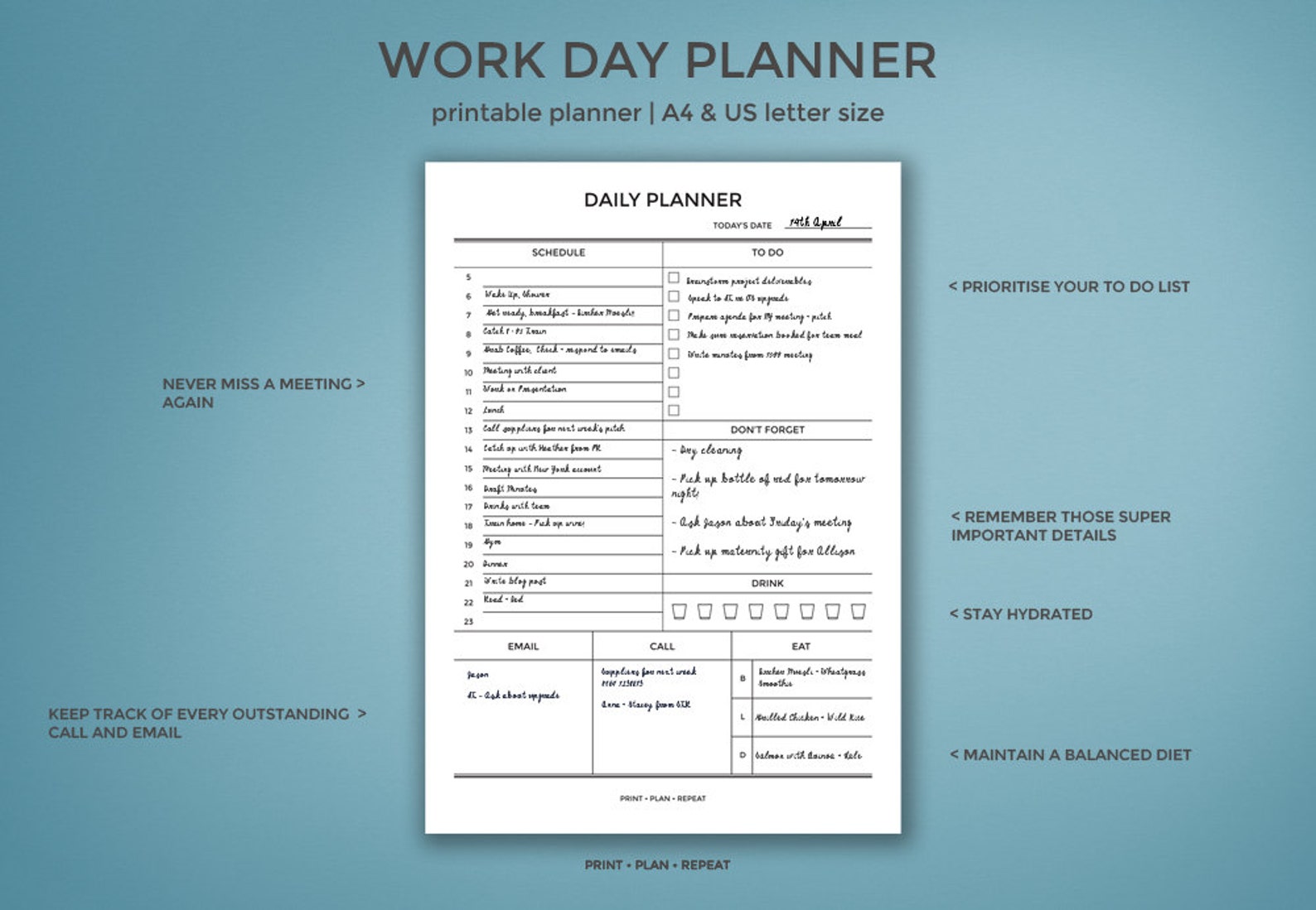 Daily Planner for Work | Work Day Planner Printable | Day Planner in A4 ...