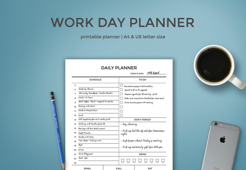 Daily Planner For Work Work Day Planner Printable Day Planner In A4 And