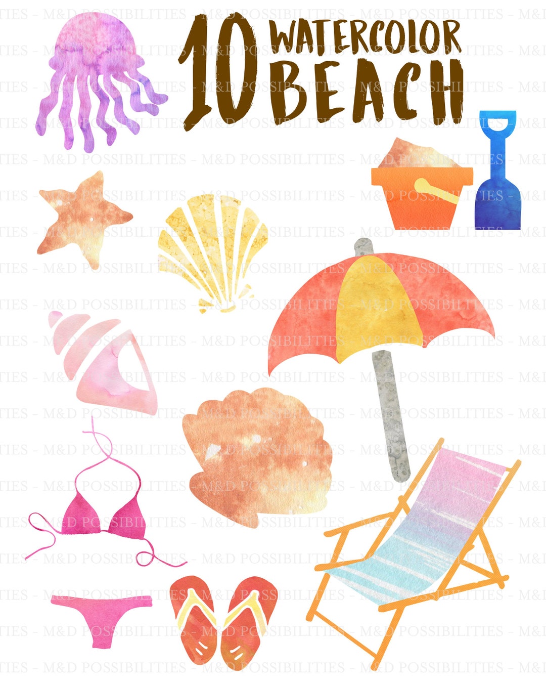 10 Watercolor Beach Images. Digital Download - Etsy