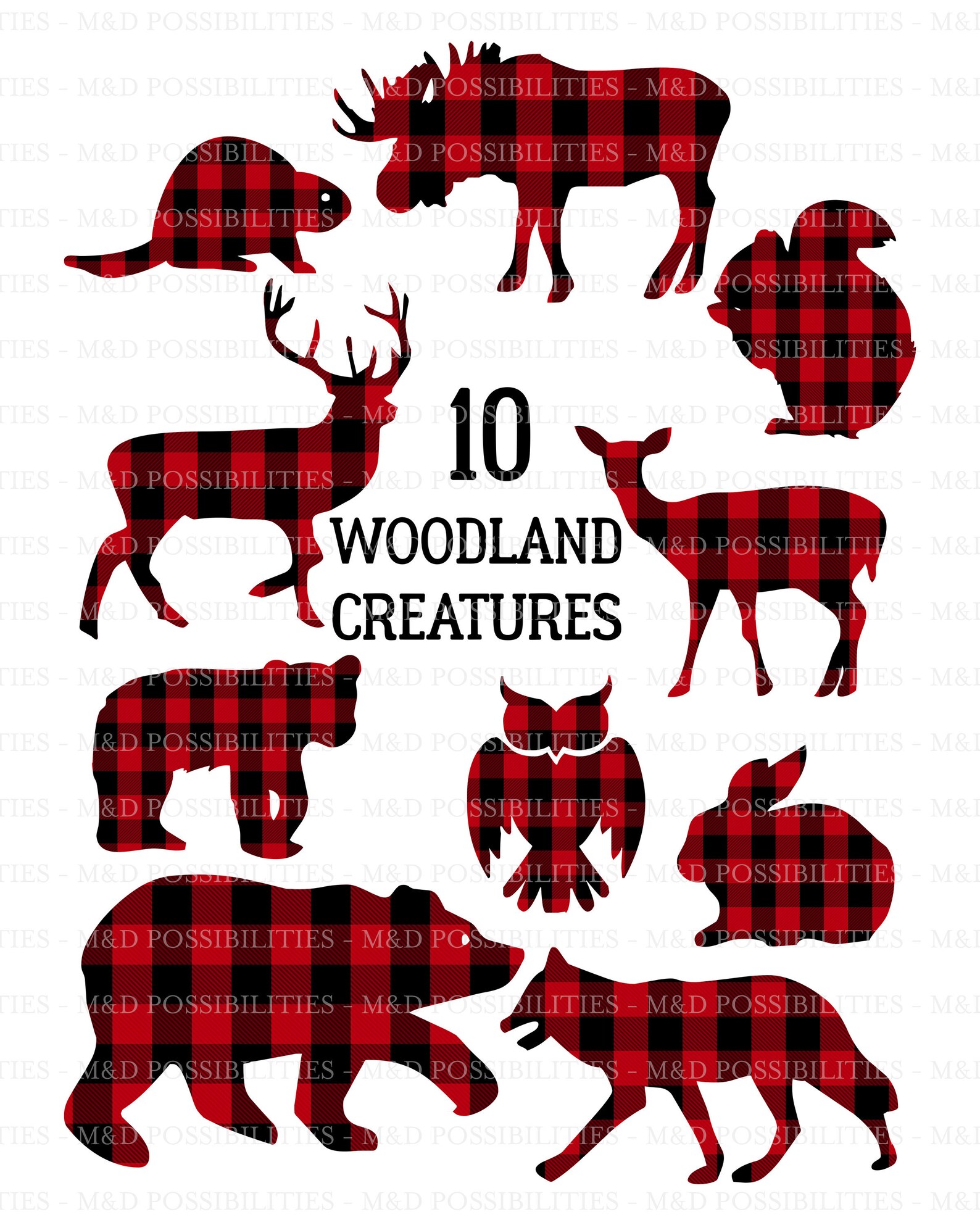 10 Buffalo Plaid Woodland Creatures. Images. Digital Download - Etsy