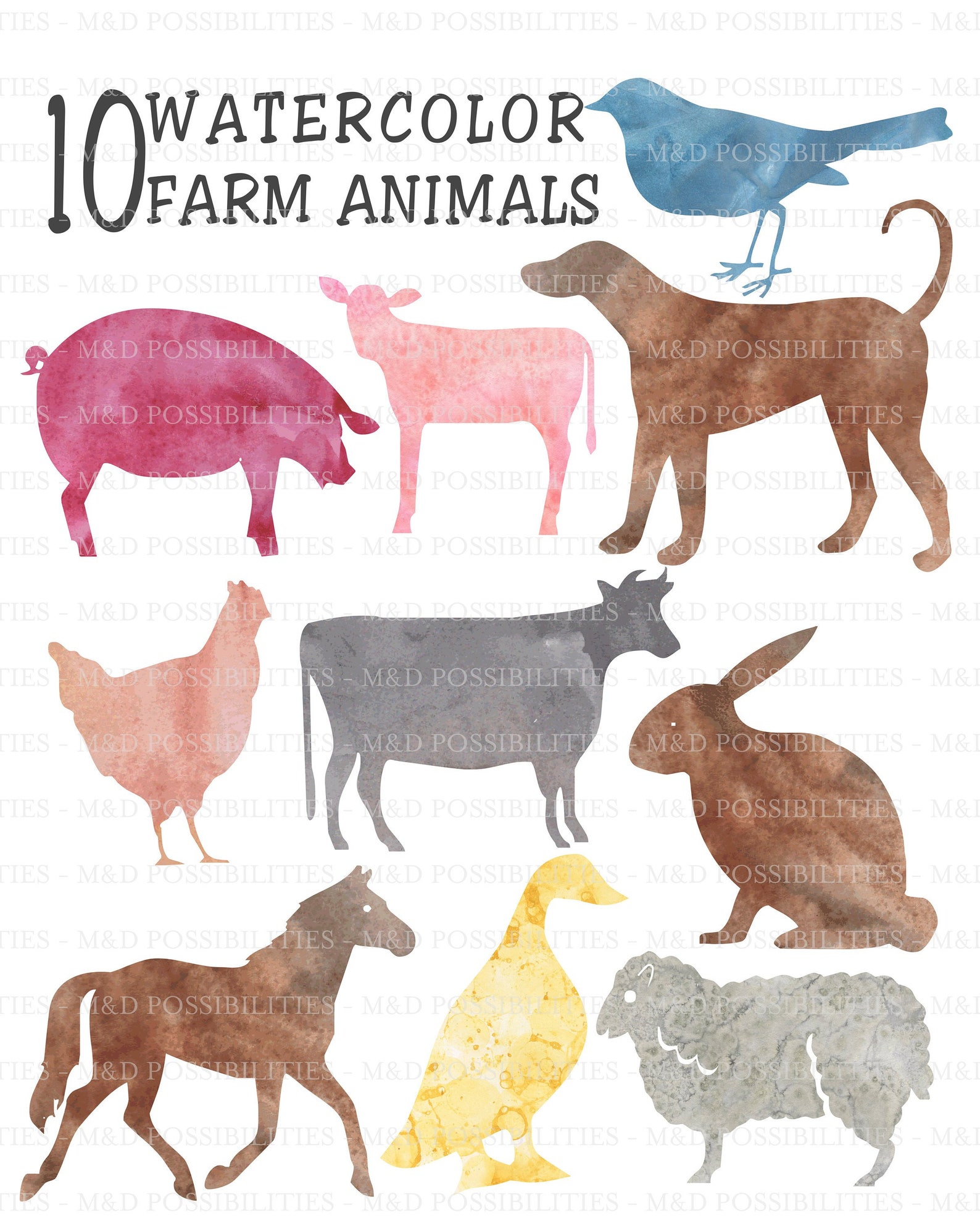 10 Watercolor Farm Animals. Images. Digital Download - Etsy