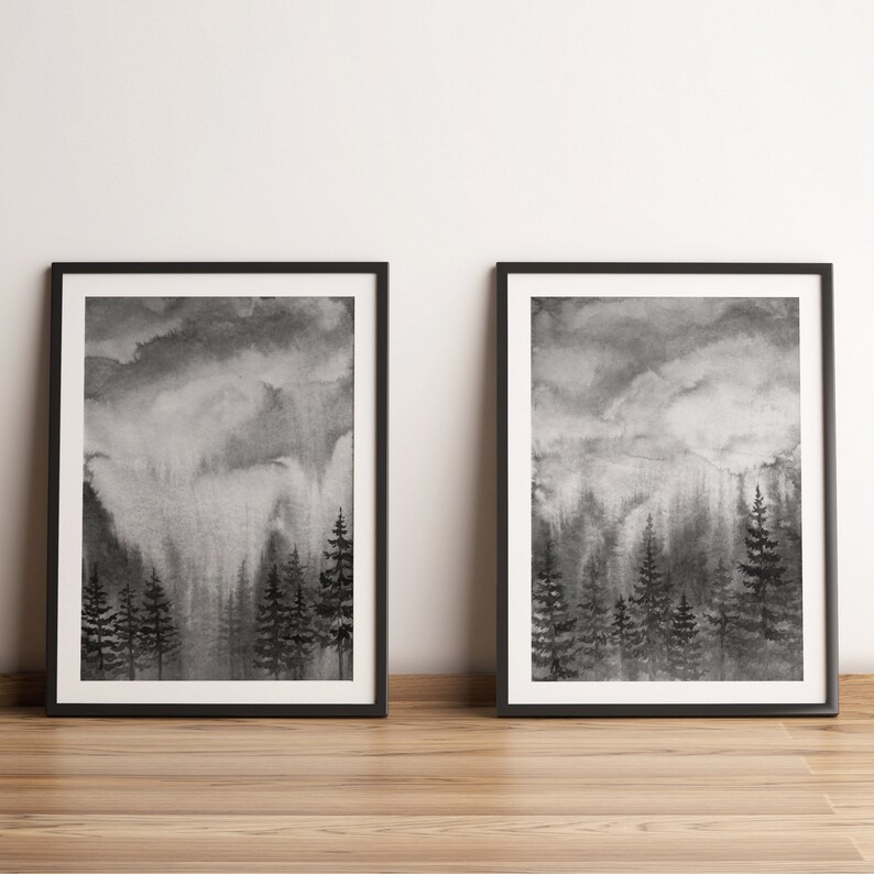 Pine Tree Forest Art Print Set of 2, Foggy Forest Watercolor Printable ...