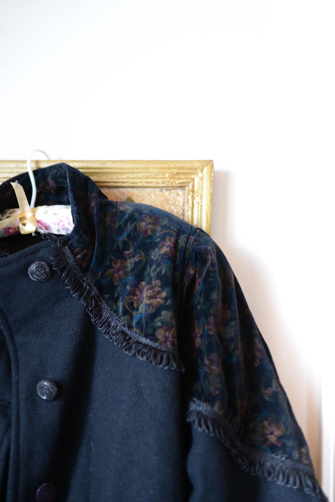Vintage Wool Blend Coat: Black Victorian Boho Floral Velvet Collar - Etsy
