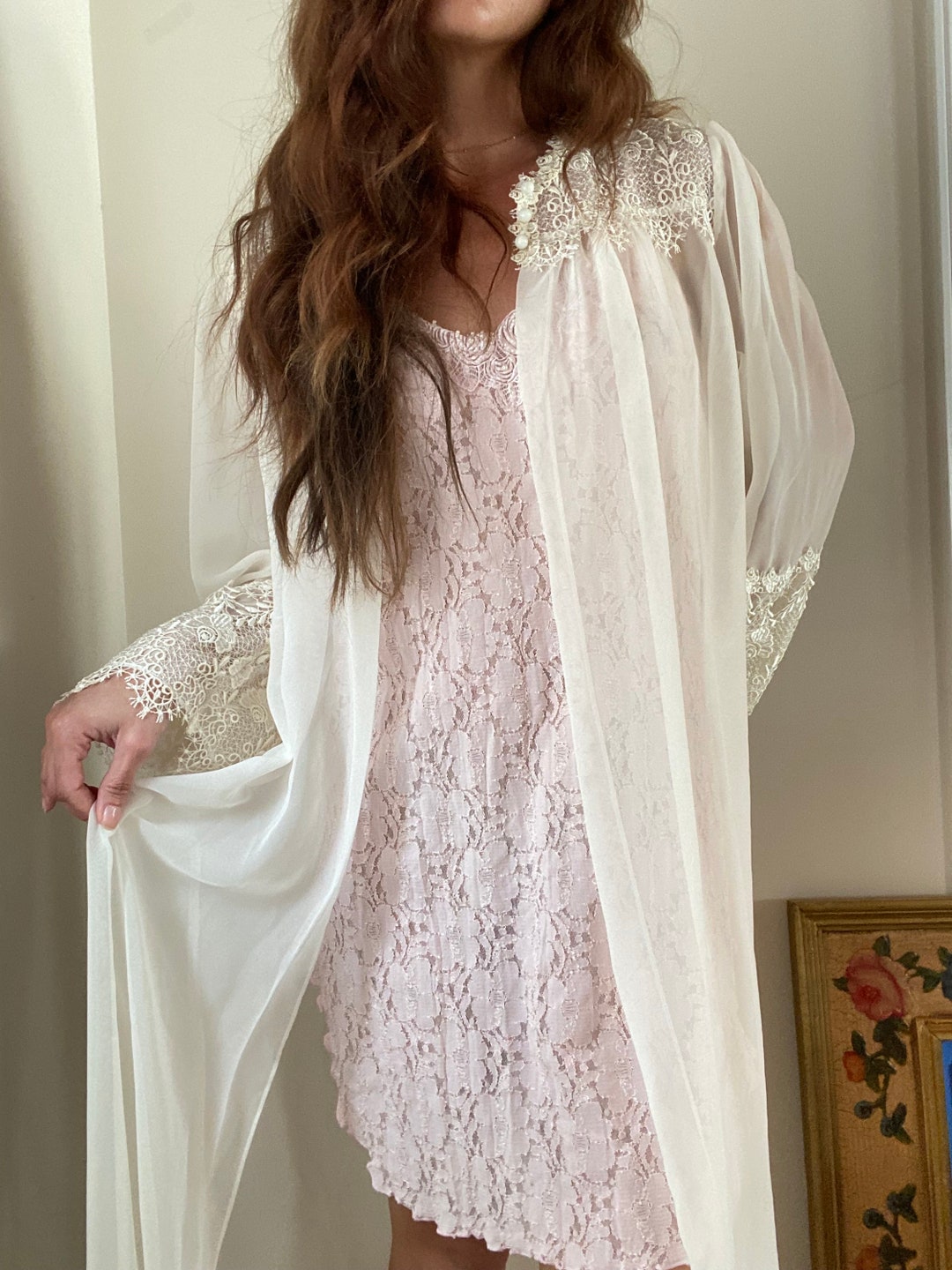Vintage Lace Bridal Sheer White Robe Lace White Wedding Morning Robe ...