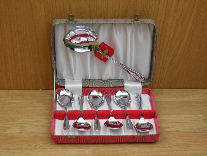 Stainless Chromium Plate Dessert Spoons & Serving Spoon in Case ...