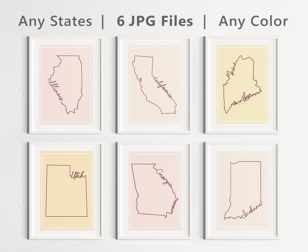 State Line Print Set of 6 / Printable JPG / ANY State / Custom State ...