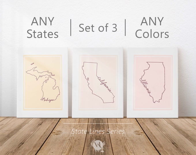 State Lines Print Set / Set of 3 / Any State / Custom State Art Print ...