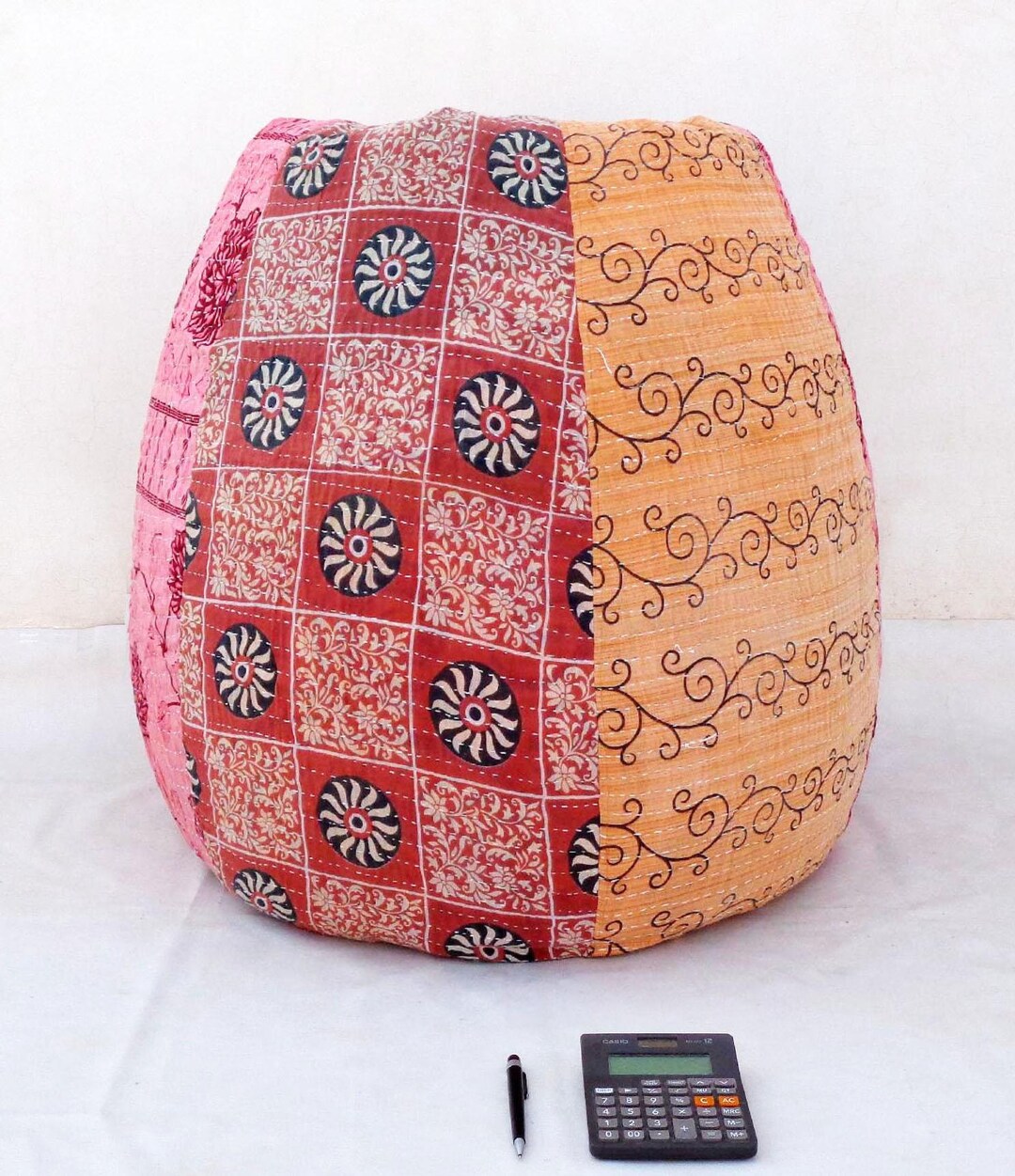 Handmade Kantha Quilt Bean Bag Chair: Floral Embroidered Ottoman Pouf ...