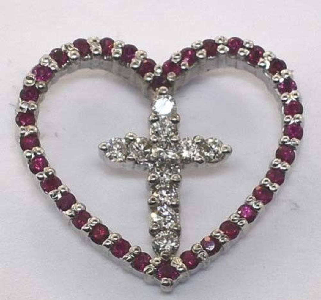 14K White Gold Diamond Ruby Heart Cross Pendant Charm - Etsy