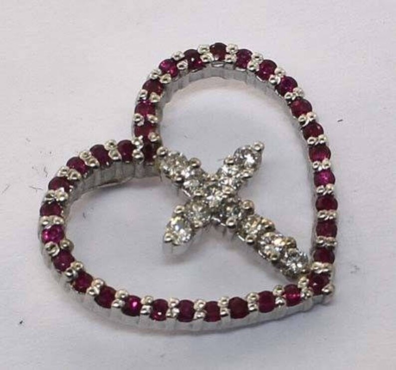 14K White Gold Diamond Ruby Heart Cross Pendant Charm - Etsy