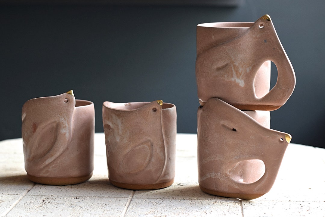 PIU Birdy Cup Blushed Pink With Gold Beak // Ceramic Tumbler, Handmade ...