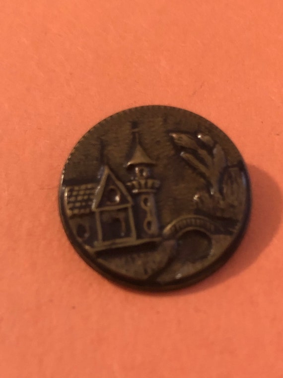 Antique Metal Picture Button Church and Bridge 3/4” - Gem
