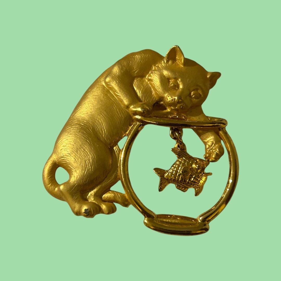 Matte Gold Tone CST With Fish Bowl and Fish Dangle Brooch Signed JJ - Etsy