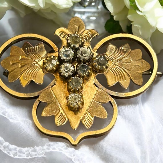 Antique Victorian Cross and Leaves Brass Brooch with … - Gem