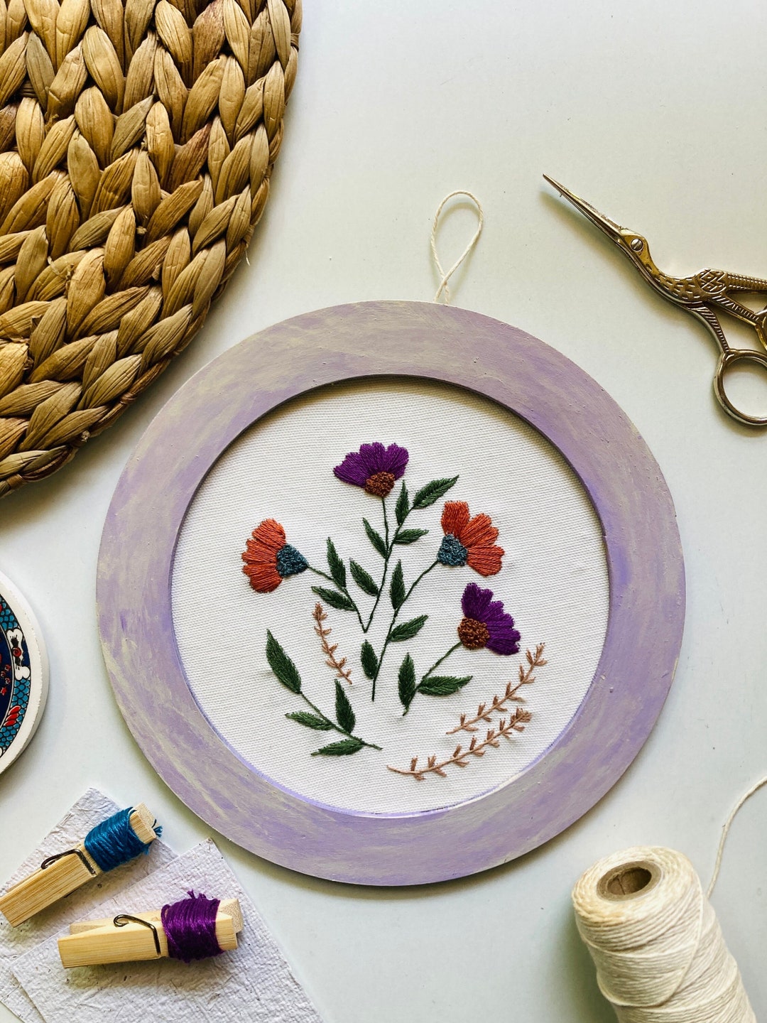 Hand Embroidered Wall Art Floral Wall Art Floral Embroidery Art ...