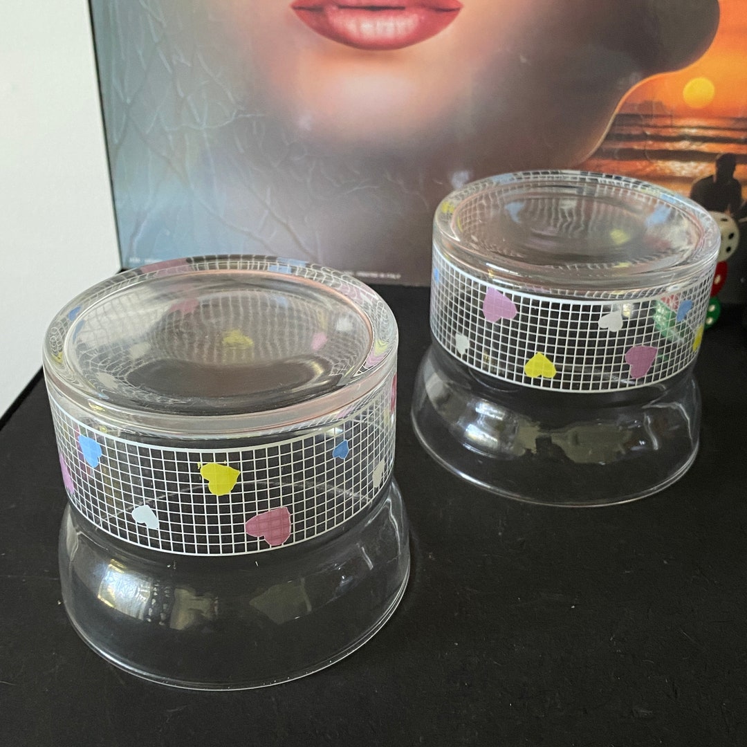 2x Vintage Glass Dessert Dishes - Colourful Set of 80s Art Deco Memphis ...