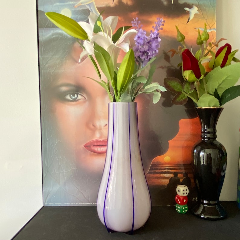 Vintage Cased Glass Vase Purple Art Glass Handmade Vase 80s Pastel Lilac Home Decor Mid Late