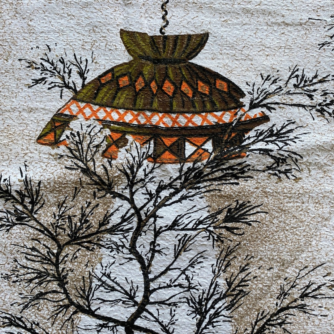 Vintage Bark Cloth Fabric - Paris Lamps Graphics - Textured Textile ...