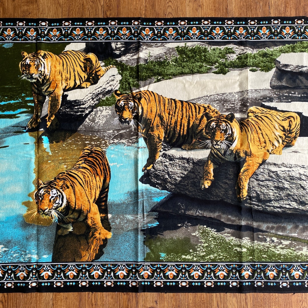 Vintage Tiger Wall Hanging - Large Fringed Tapestry Wall Art - 3 Tigers ...