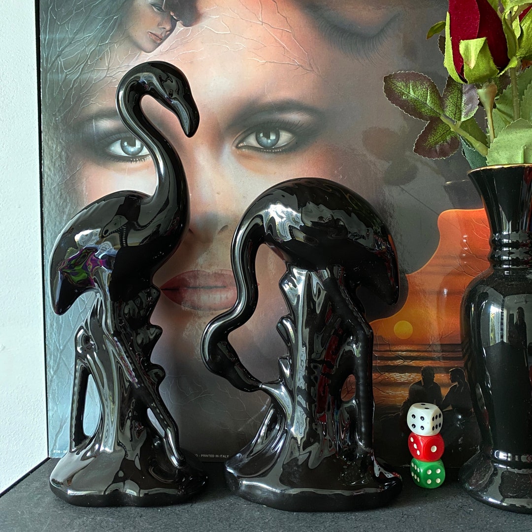 2x Vintage Ceramic Flamingos: Black 1980s Retro Home Decor Art Deco ...