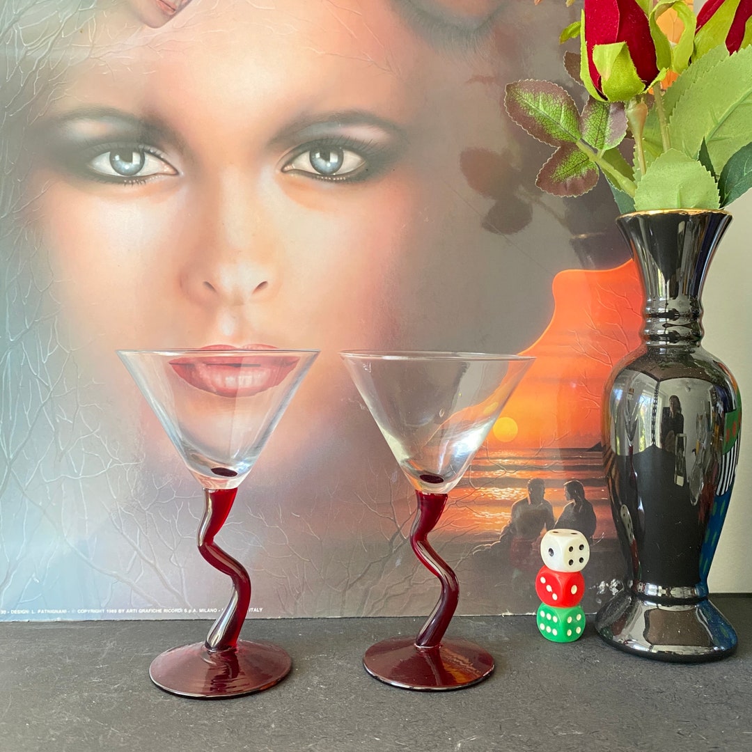 2x Funky Crooked Martini Glasses 80s Art Deco Style Handmade Art Glass ...