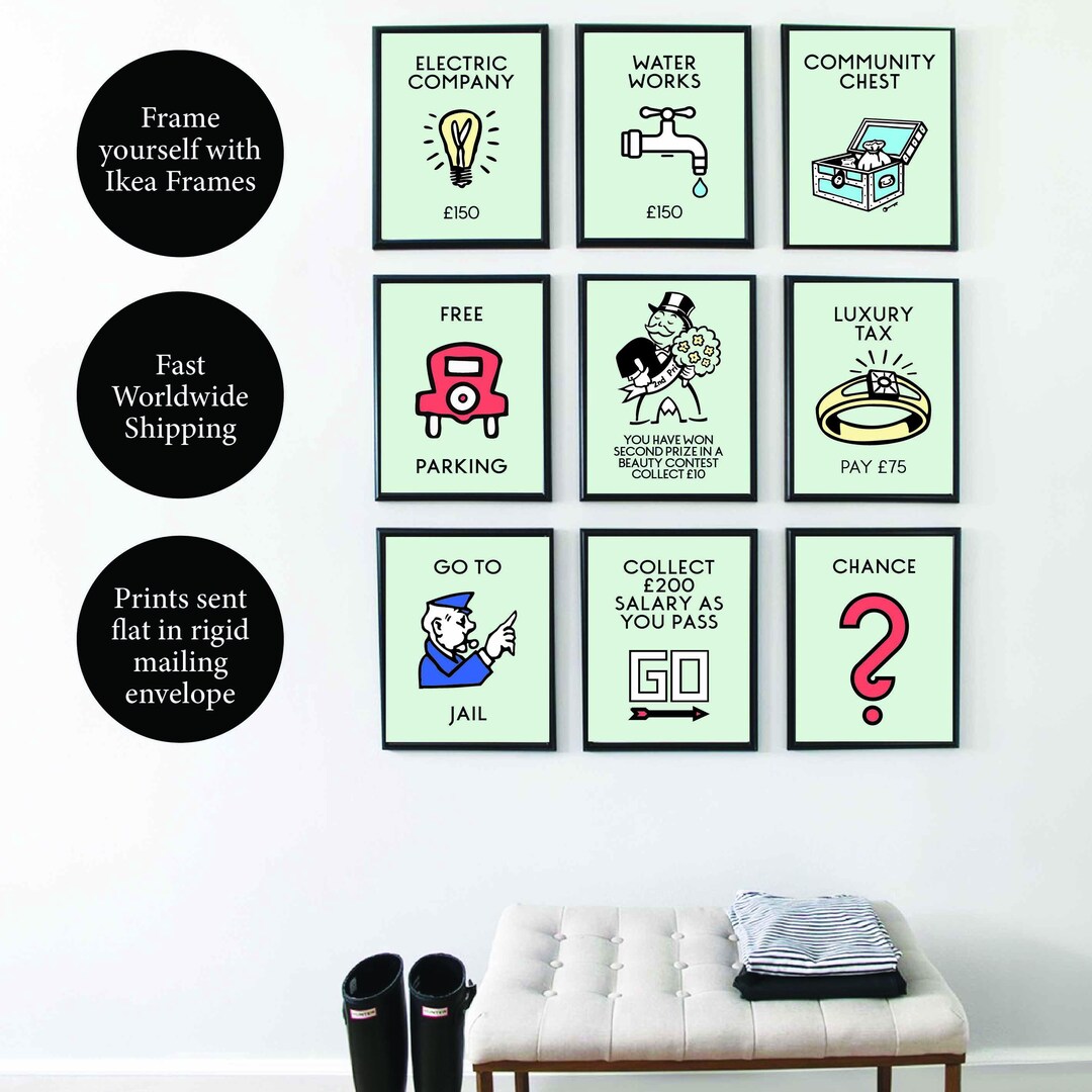 Set of 9 Monopoly Poster Set, Monopoly Wall Art Prints, Electric ...