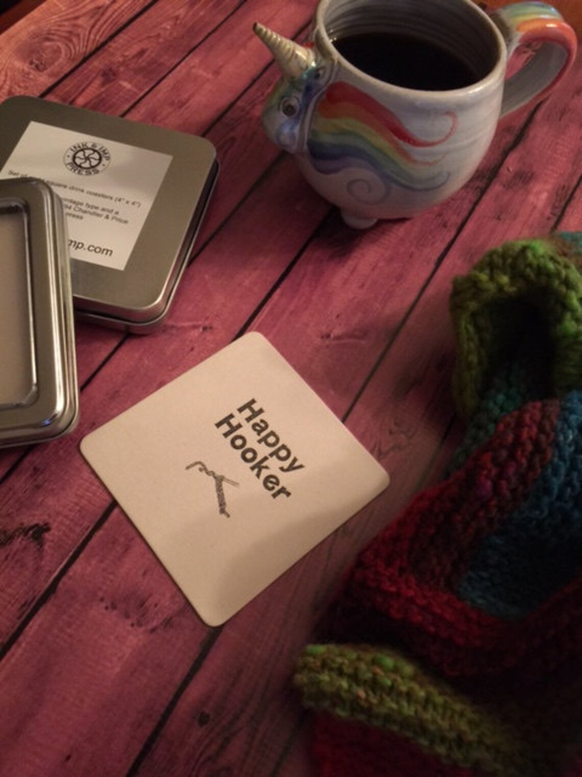 Eight happy Hooker Crochet-themed Letterpress Coasters 4x4 in Metal Tin ...