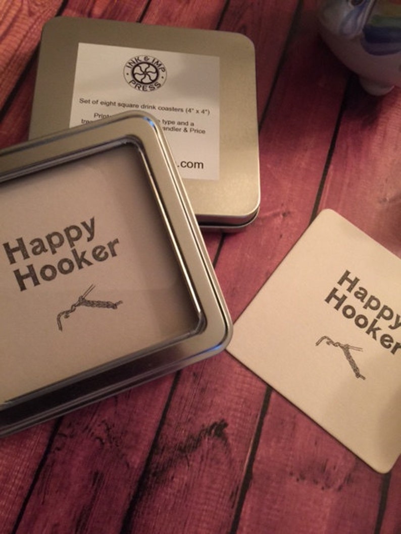Eight happy Hooker Crochet-themed Letterpress Coasters 4x4 in Metal Tin ...