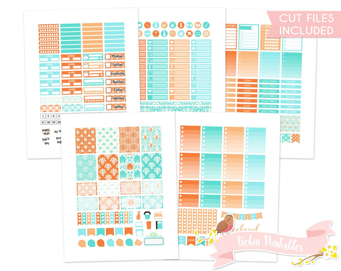 Orange and Aqua Blue Damask Printable Weekly Planner Stickers | Etsy