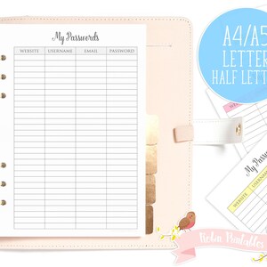 My Passwords Printable Planner Insert Page. A4 Letter A5 - Etsy